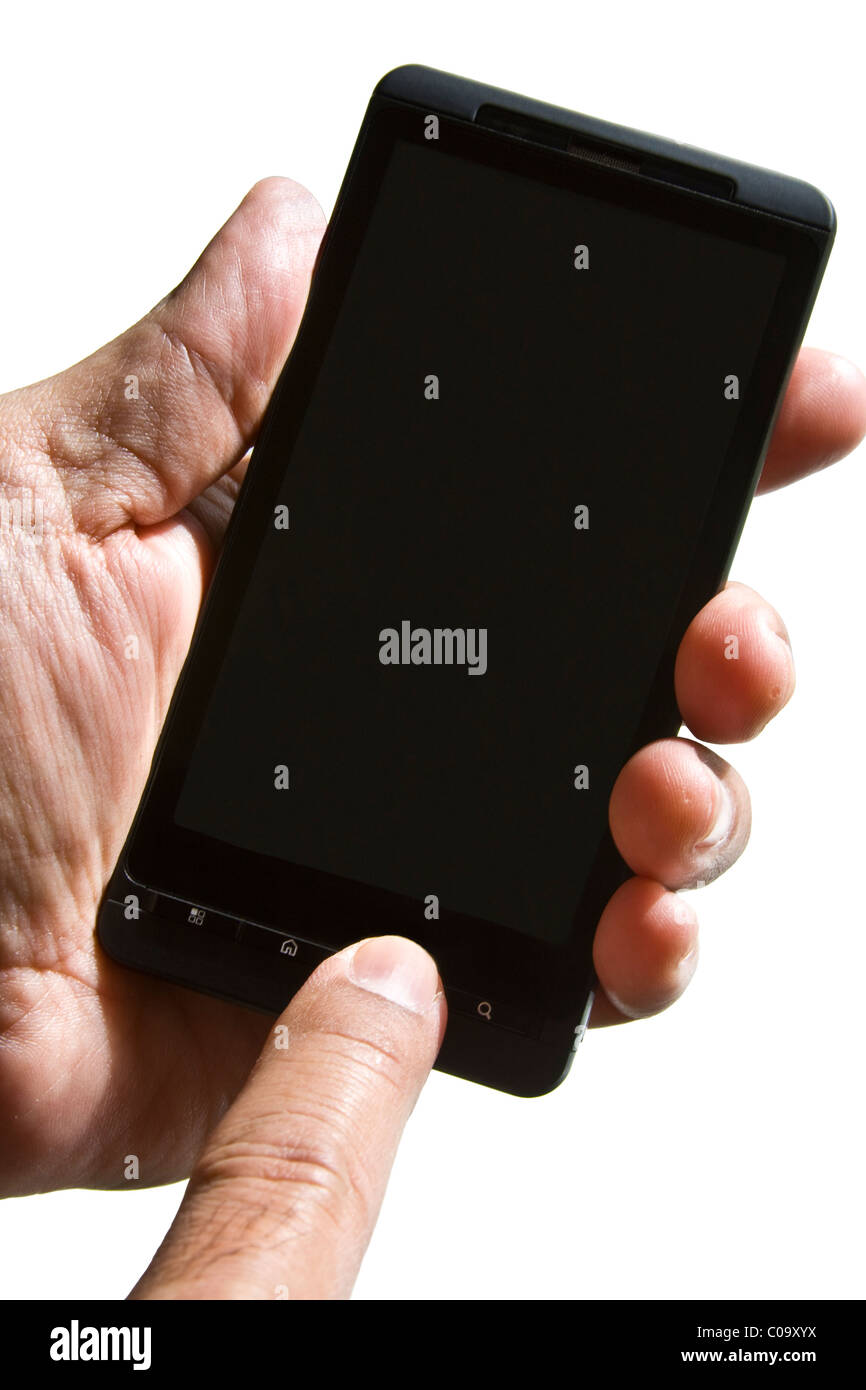 Smartphone operated by two hands on white background Stock Photo - Alamy