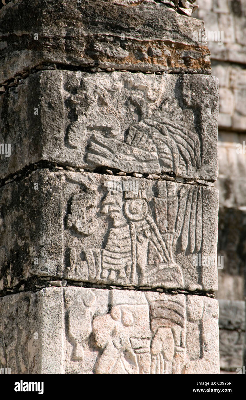 Mayan carving of a Warrior in stone column at Chichen Itza, Mexico ...