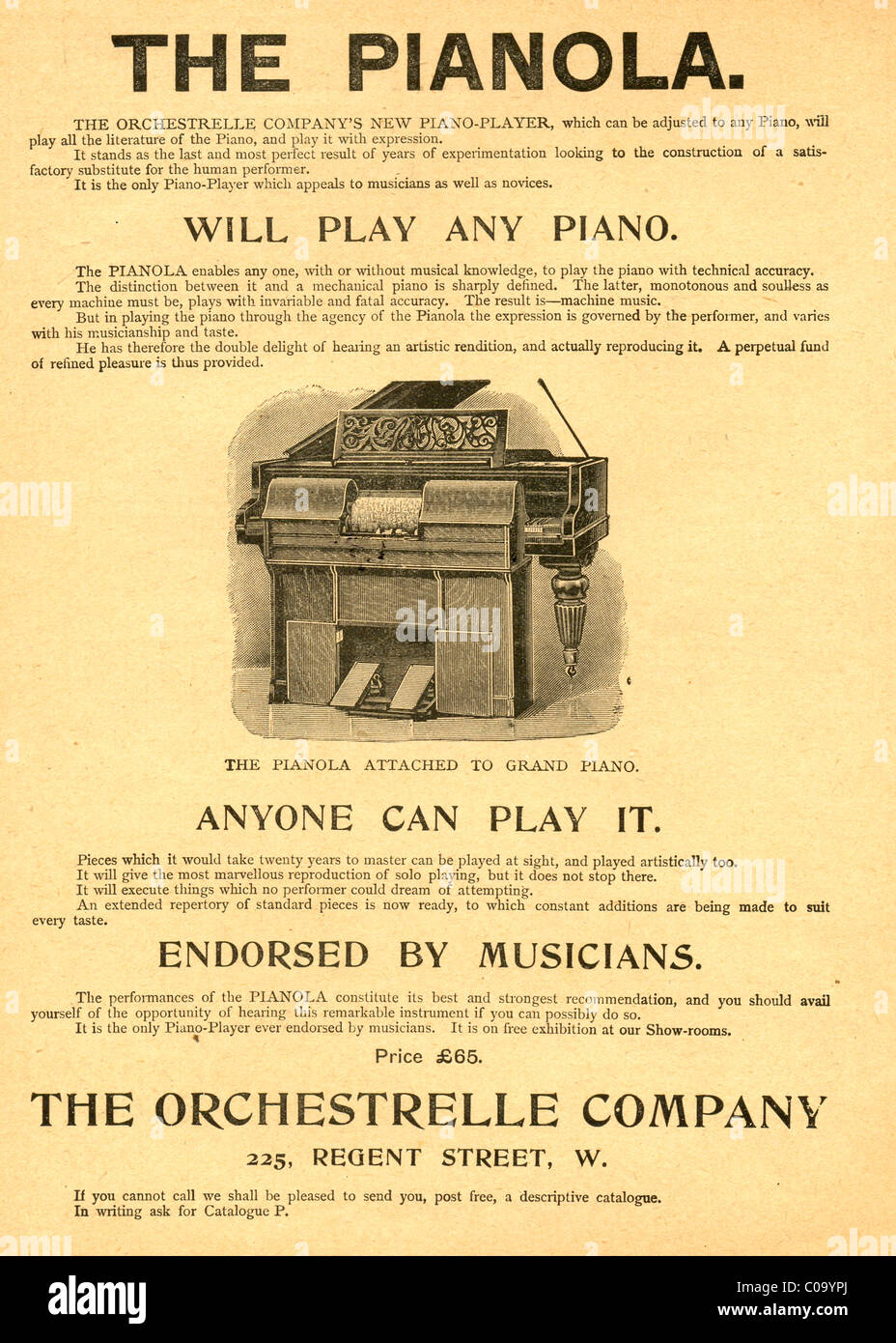 Advertisement for a pianola attached to grand piano Stock Photo - Alamy