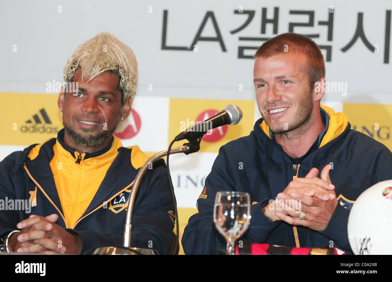 David Beckham with teammate Abel Xavier of LA Galaxy during a press ...