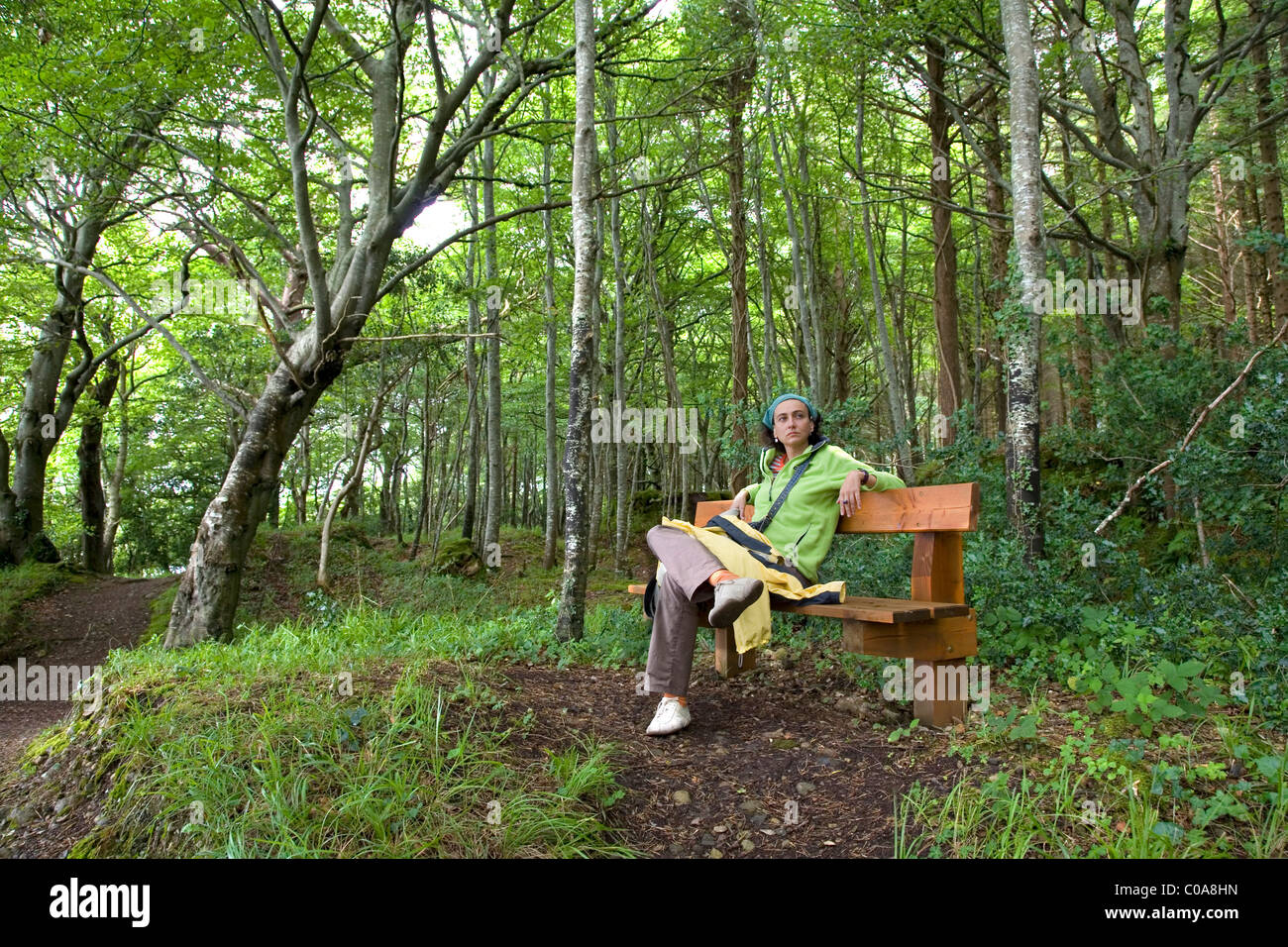 Hiker woman in Dooney Rock Forest. Near Sligo city. County Sligo ...