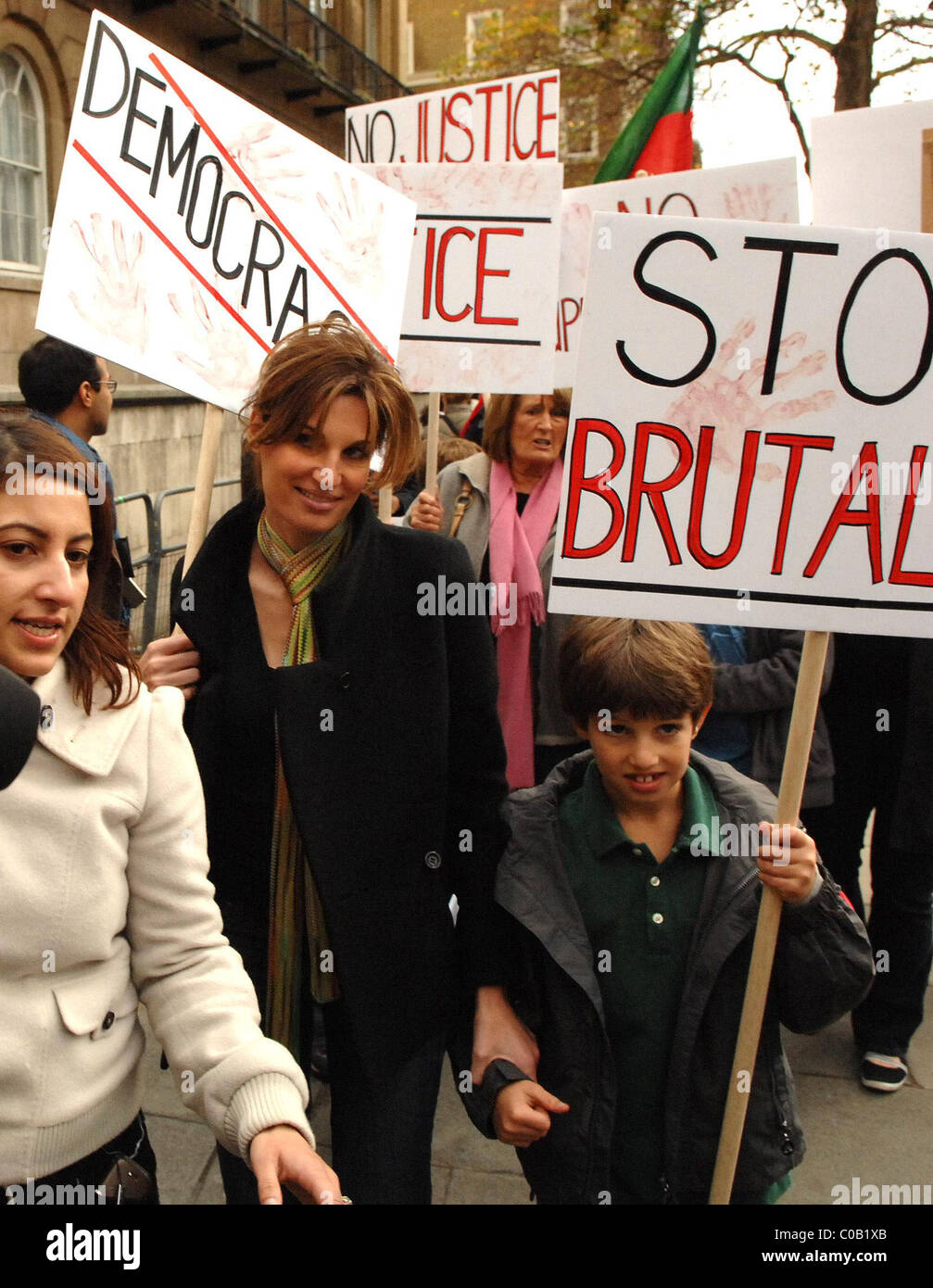 Jemima Khan and her children attend a demonstration at Downing Street ...