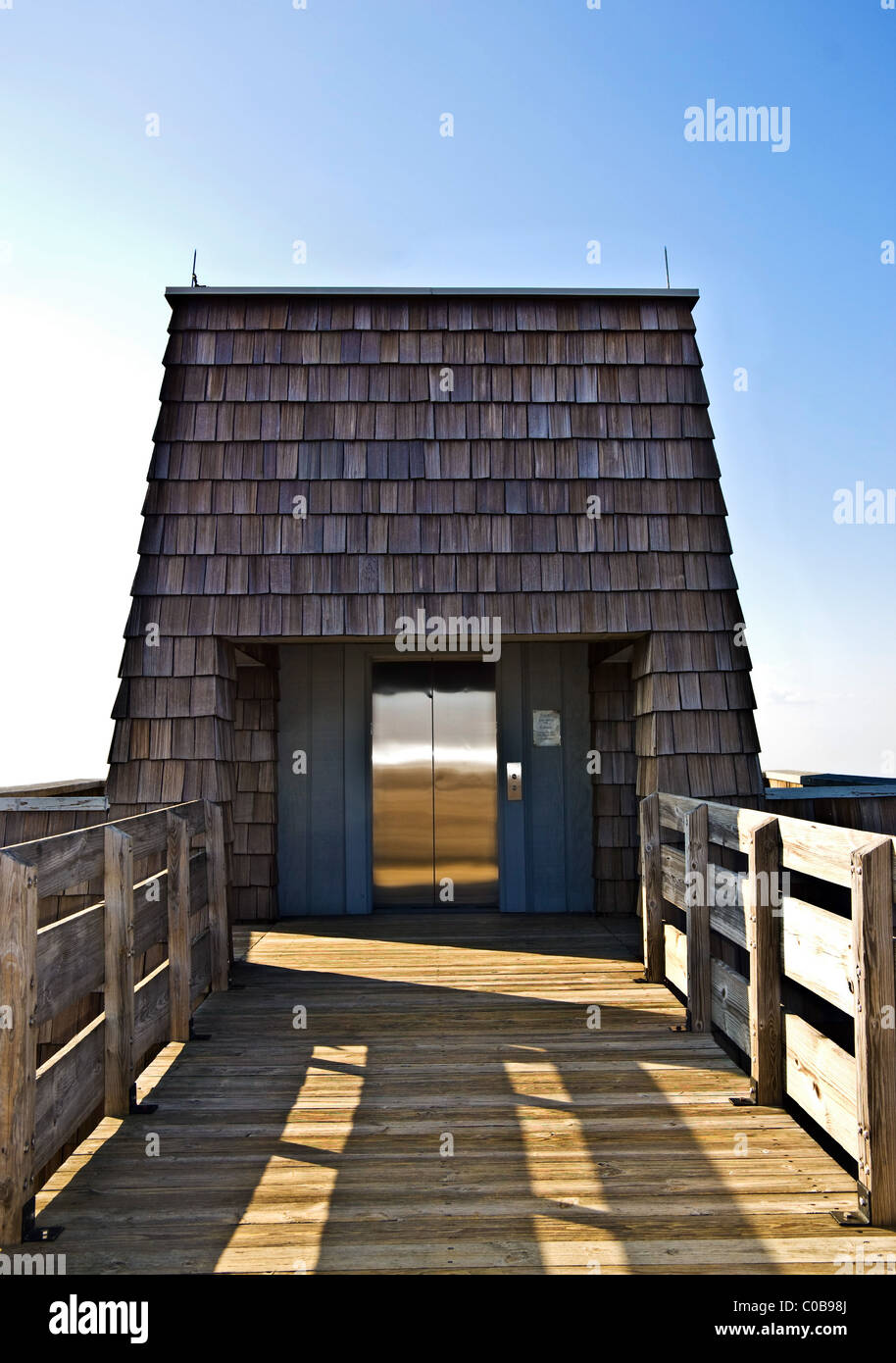 An elevator on the outdoor deck of a building. This is on the tower at ...