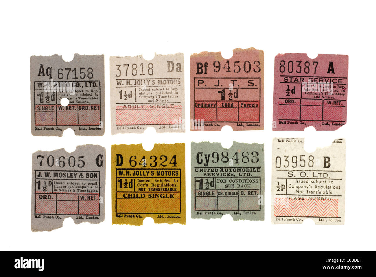 Eight one and a half penny and two half penny assorted bus tickets ...