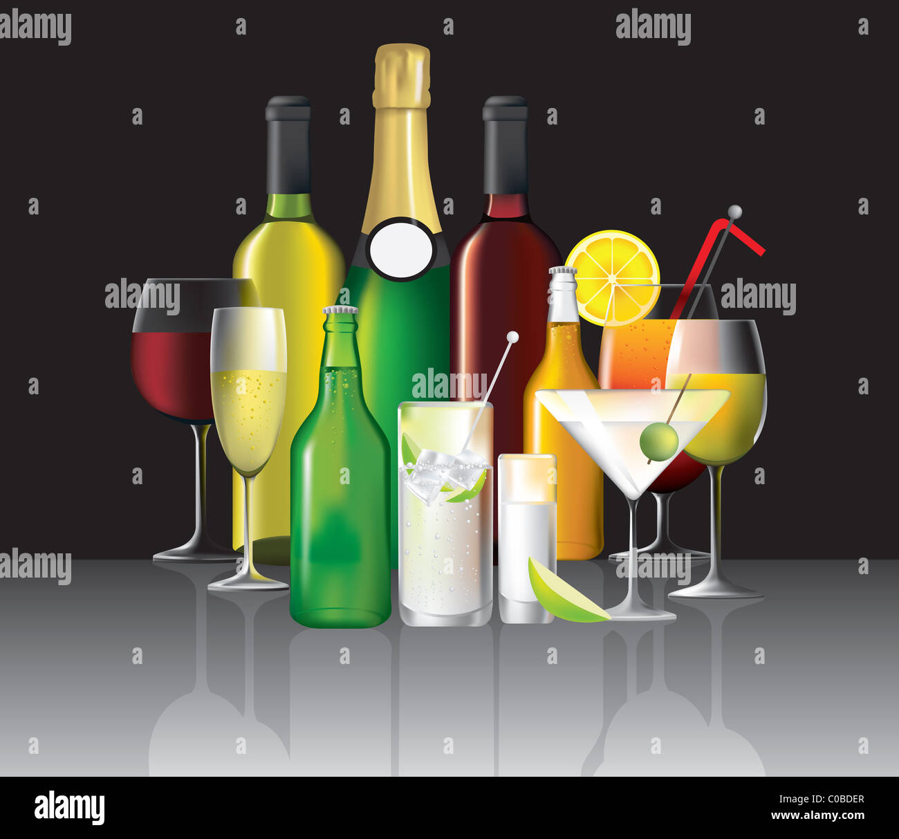 wine, cocktails and short drinks on black, vector illustration Stock ...