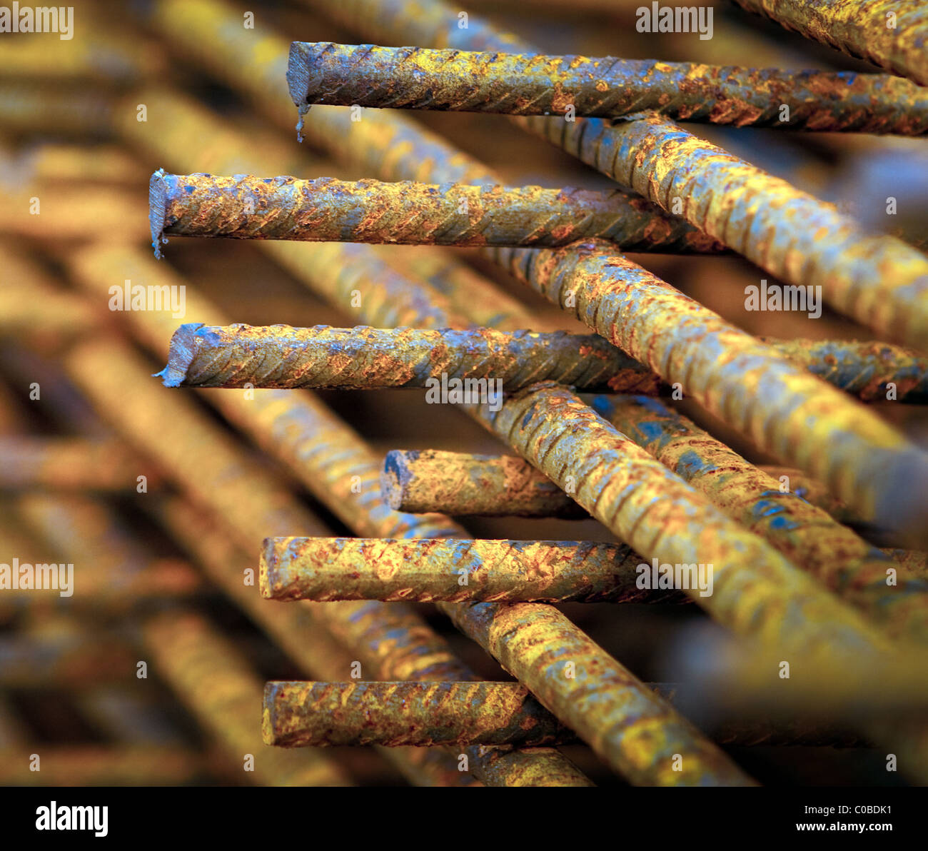 Rusting reinforcement bars for concrete on large building site in ...