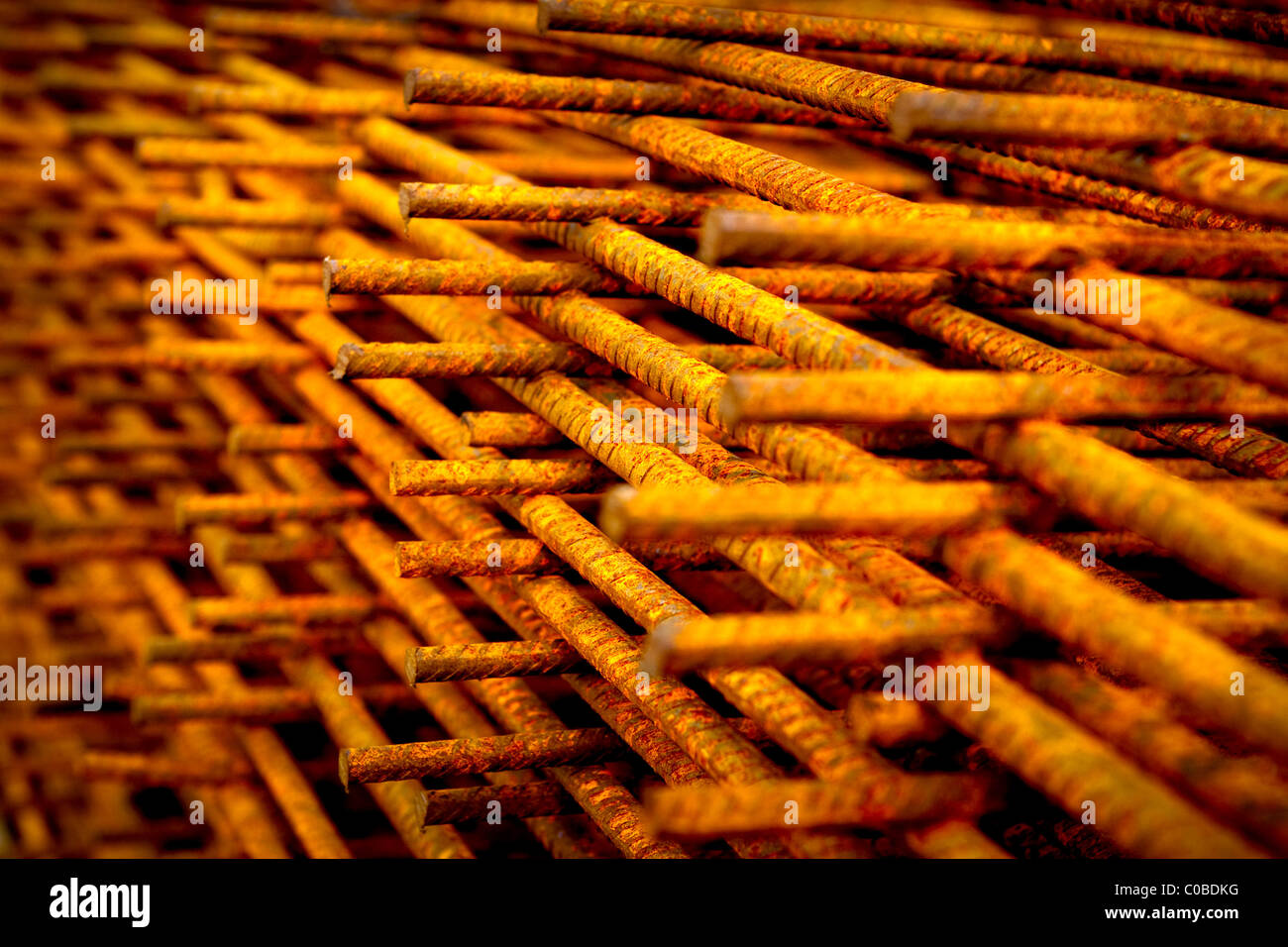 Rusting reinforcement bars for concrete on large building site in ...