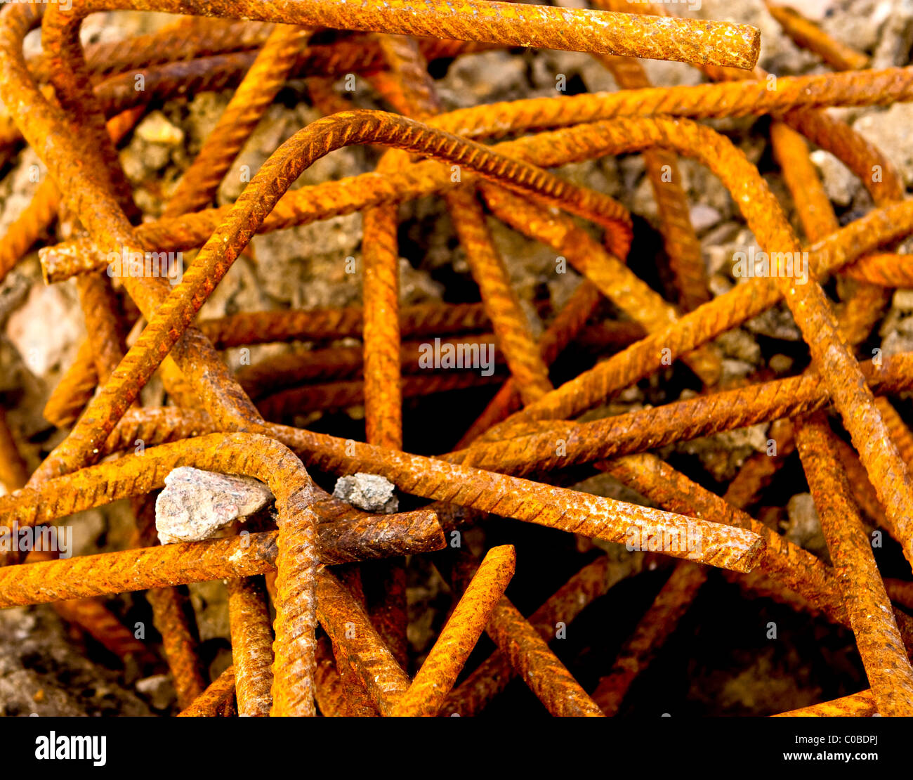 Rusting reinforcement bars for concrete on large building site in ...