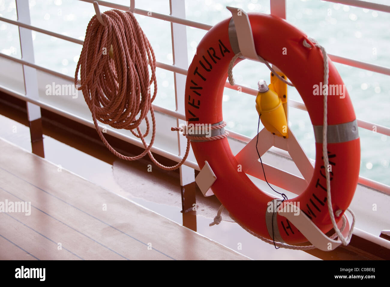 Lifebelt ready for use. Passenger ship Ventura Stock Photo - Alamy