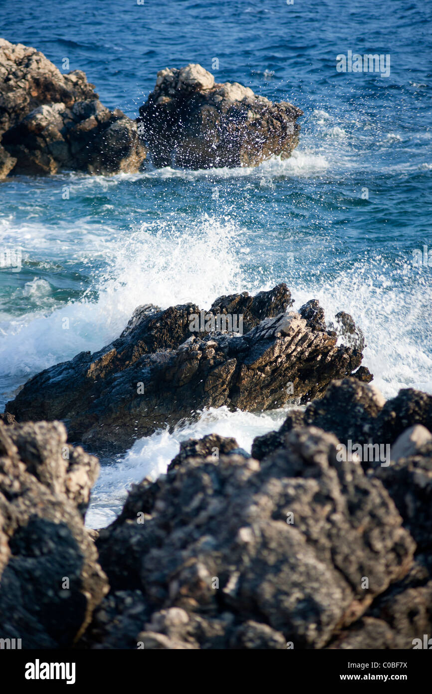 Waves splashing on rough rocks. Mediterranean sea - Adriatic coast ...