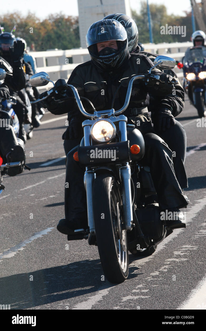 Annual Hoggin the Bridge bikers event, Chepstow, Wales. Sees bikers ...