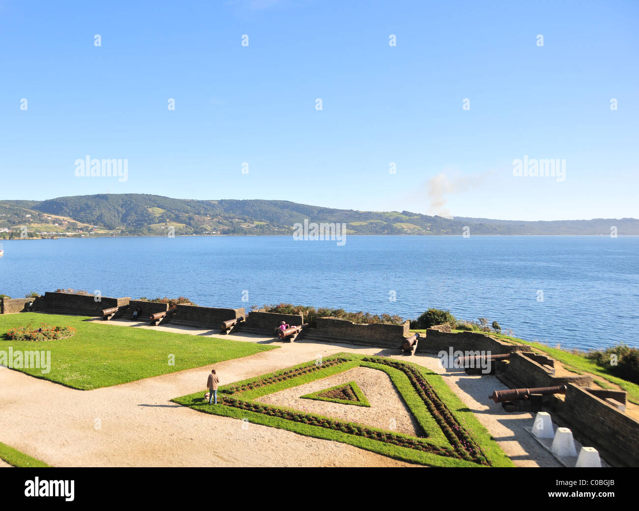 Blue sky view of Fort San Antonio, with 7 canons pointing to the waters ...
