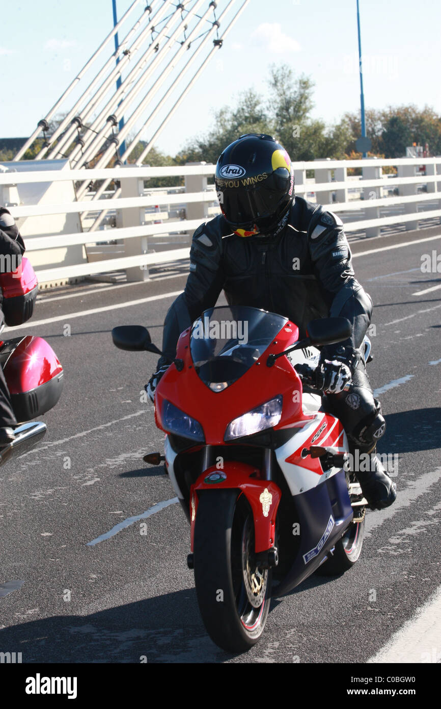 Annual Hoggin the Bridge bikers event, Chepstow, Wales. Sees bikers ...