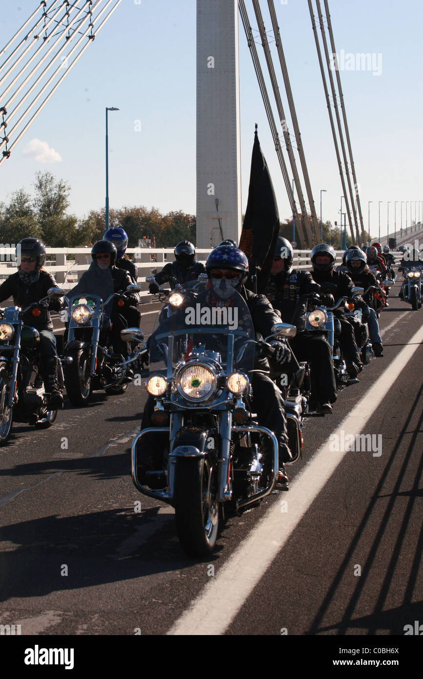 Annual Hoggin the Bridge bikers event, Chepstow, Wales. Sees bikers ...