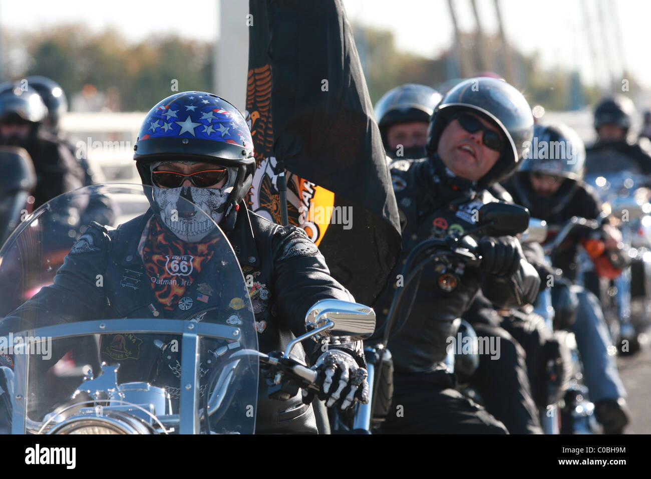 Annual Hoggin the Bridge bikers event, Chepstow, Wales. Sees bikers ...