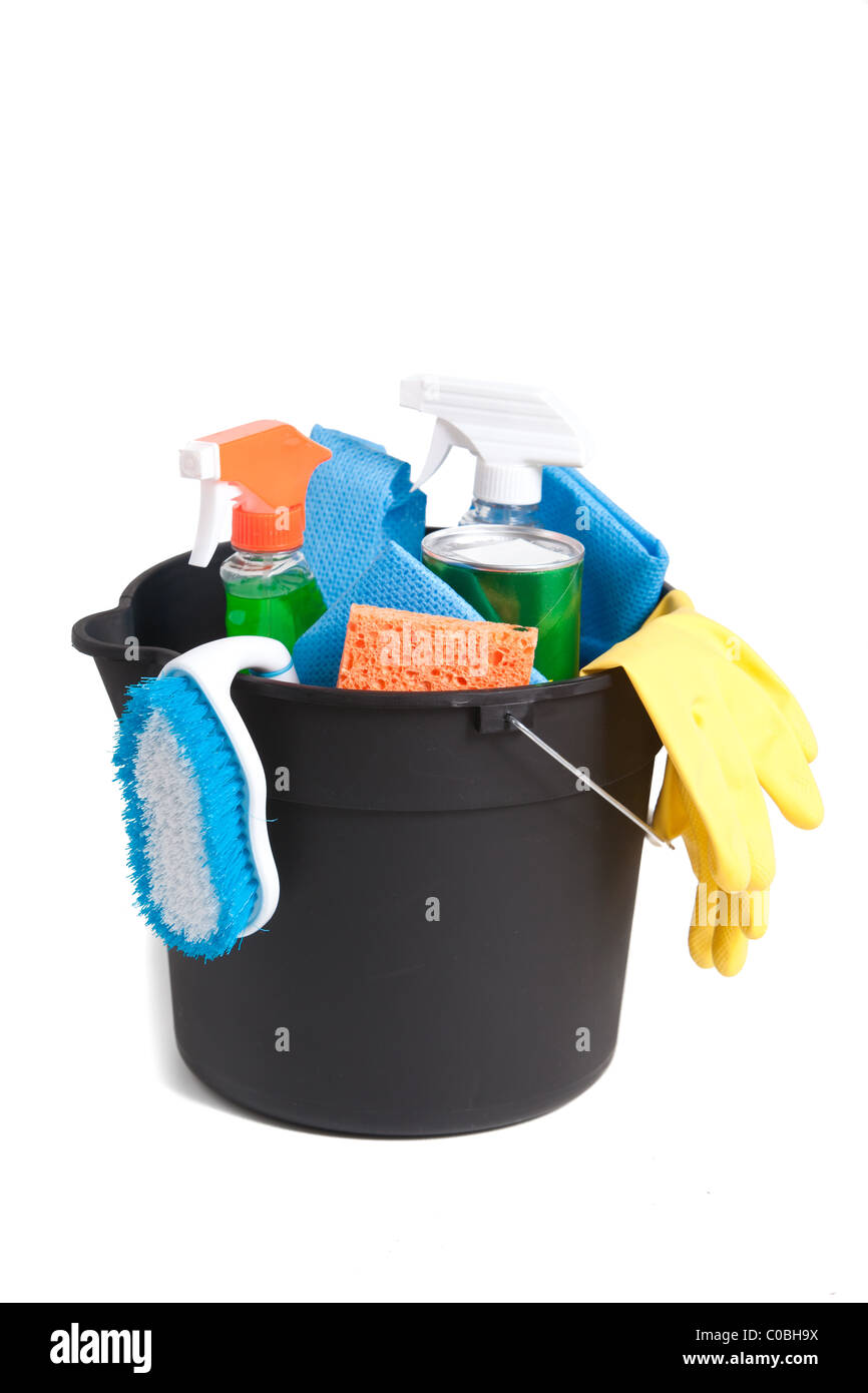 Bucket of Cleaning Supplies Isolated on white Stock Photo - Alamy