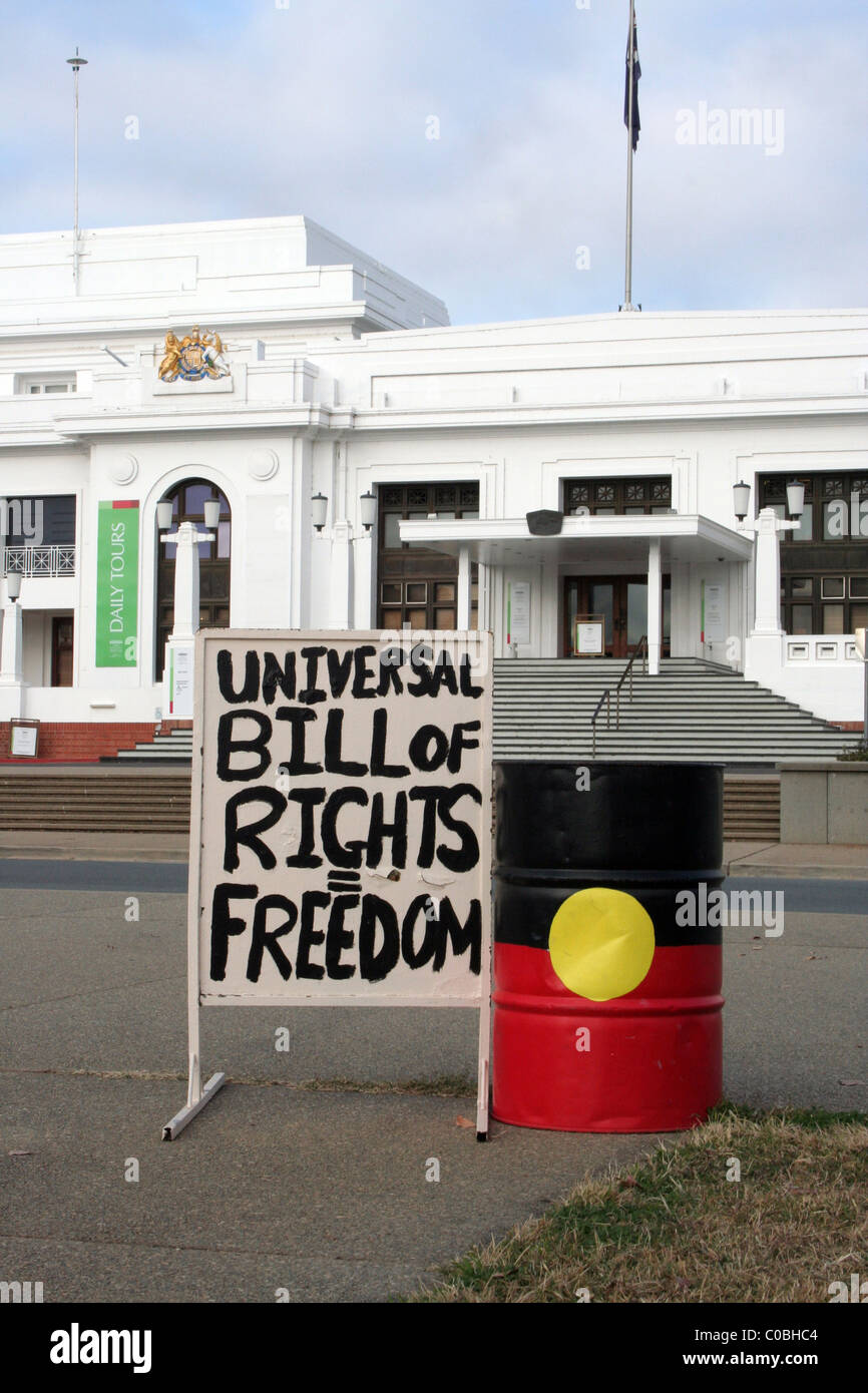 Aboriginal protest signage outside the entrance to the Old Parliament ...