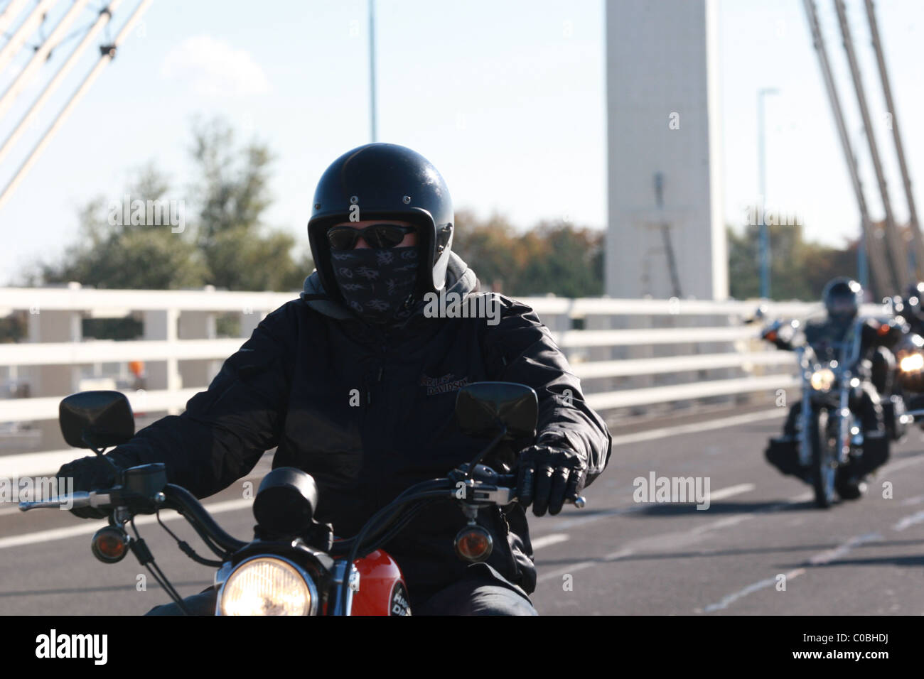 Annual Hoggin the Bridge bikers event, Chepstow, Wales. Sees bikers ...