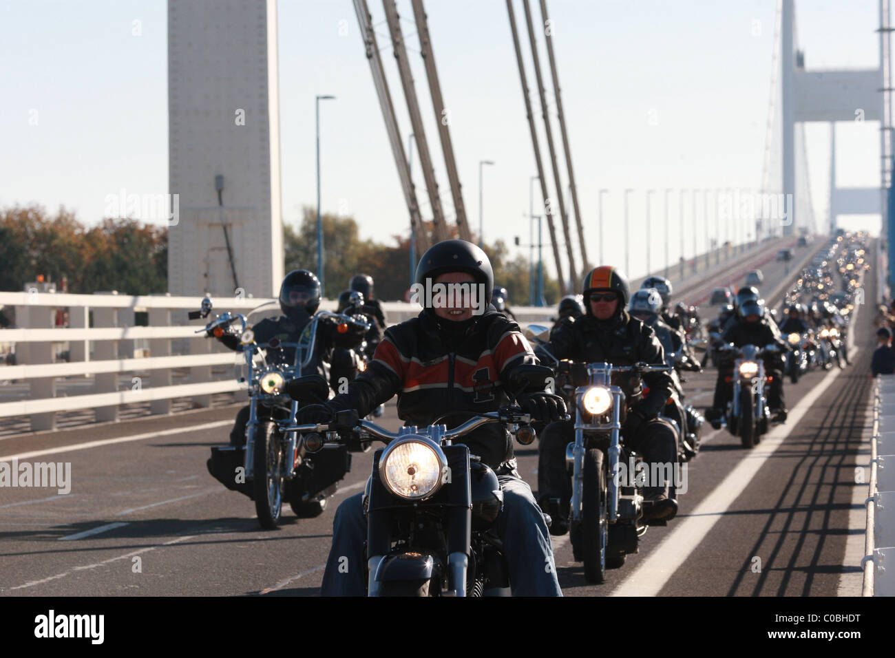 Annual Hoggin the Bridge bikers event, Chepstow, Wales. Sees bikers ...