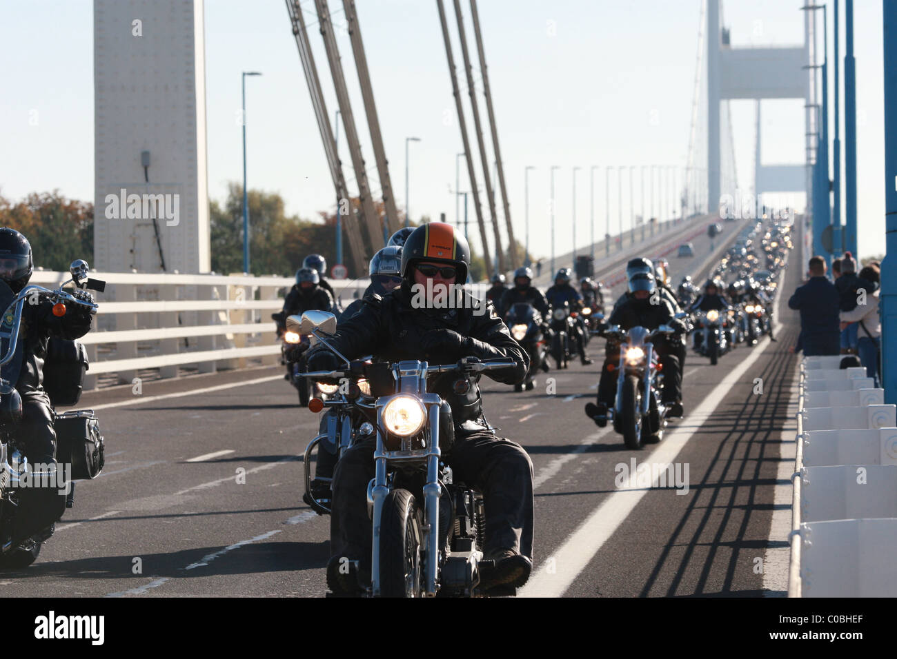 Annual Hoggin the Bridge bikers event, Chepstow, Wales. Sees bikers ...