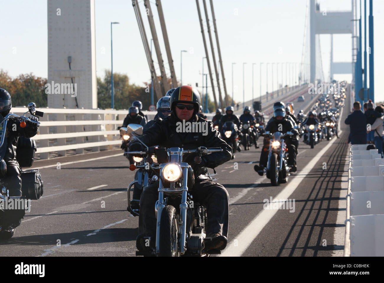 Annual Hoggin the Bridge bikers event, Chepstow, Wales. Sees bikers ...