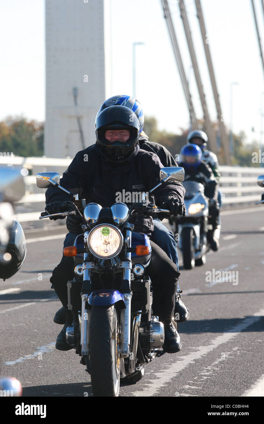 Annual Hoggin the Bridge bikers event, Chepstow, Wales. Sees bikers ...