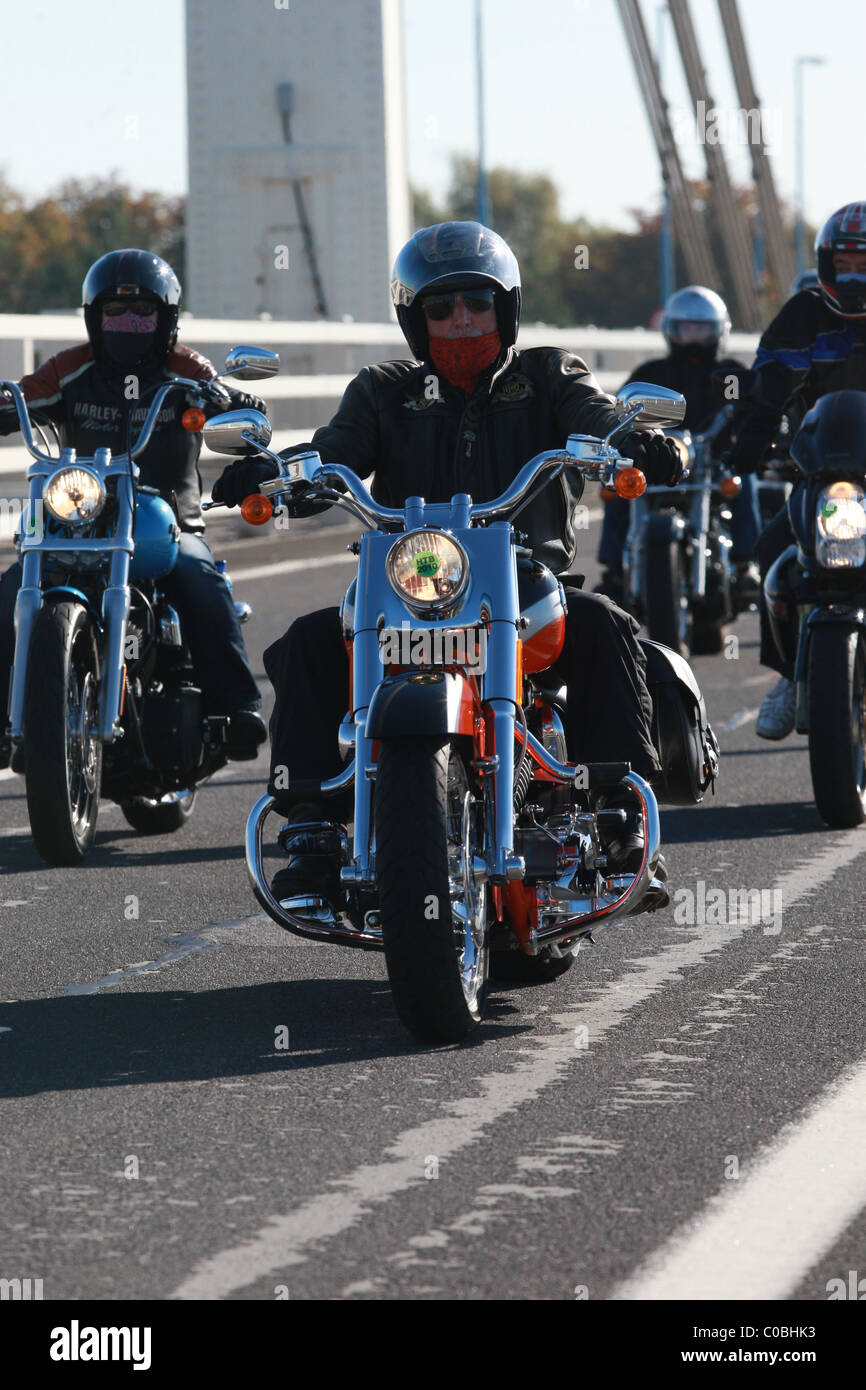 Annual Hoggin the Bridge bikers event, Chepstow, Wales. Sees bikers ...