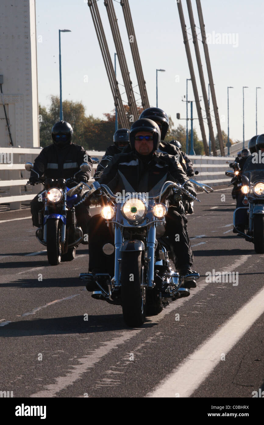 Annual Hoggin the Bridge bikers event, Chepstow, Wales. Sees bikers ...