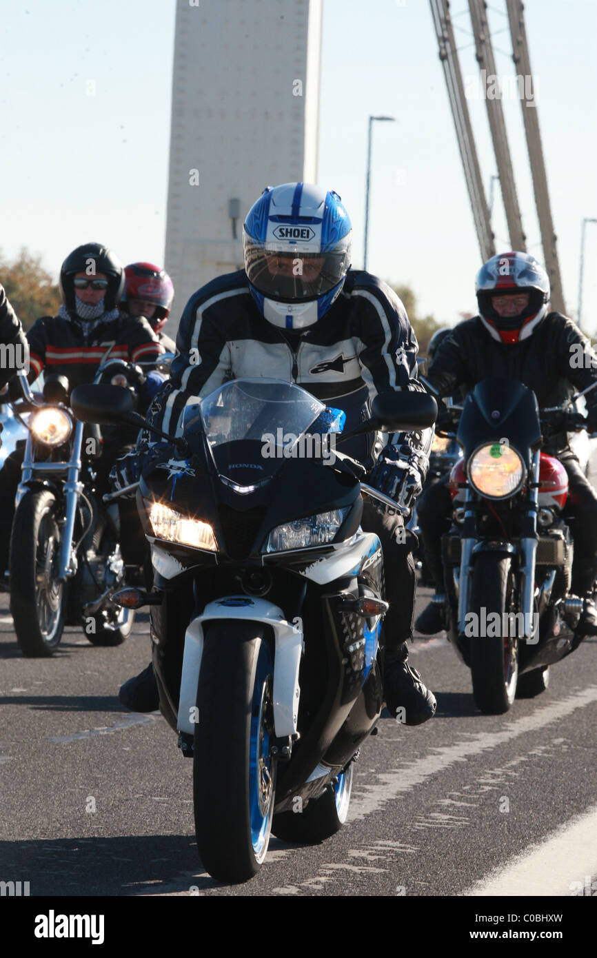 Annual Hoggin the Bridge bikers event, Chepstow, Wales. Sees bikers ...