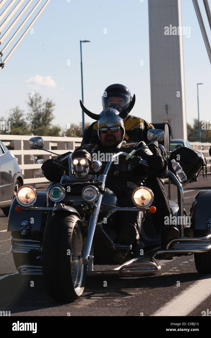 Annual Hoggin the Bridge bikers event, Chepstow, Wales. Sees bikers ...
