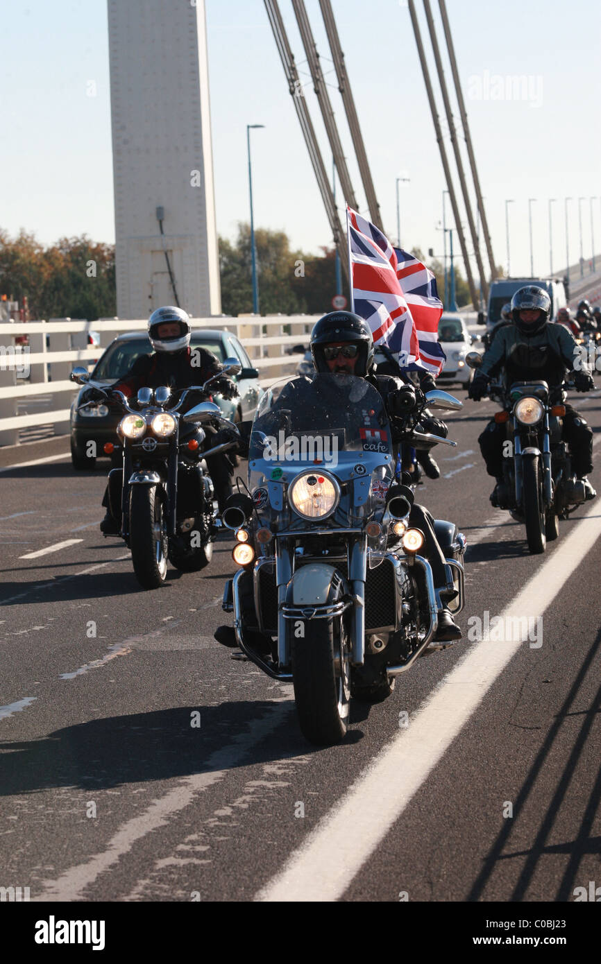 Annual Hoggin the Bridge bikers event, Chepstow, Wales. Sees bikers ...