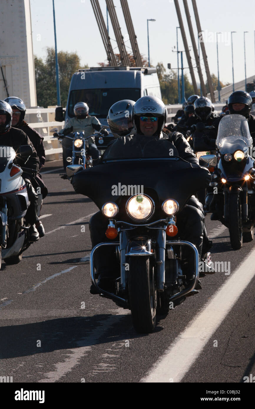 Annual Hoggin the Bridge bikers event, Chepstow, Wales. Sees bikers ...