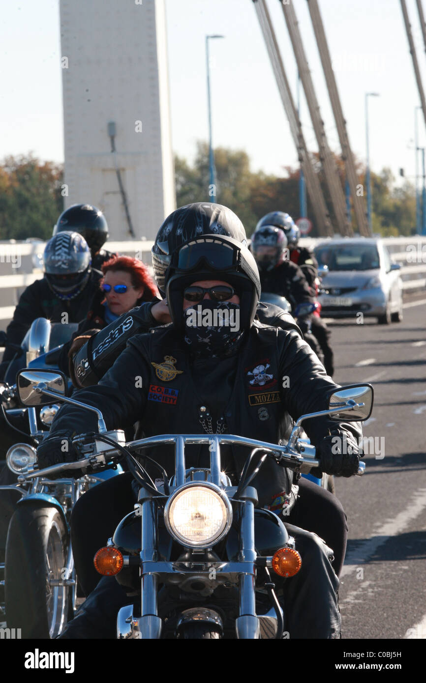 Annual Hoggin the Bridge bikers event, Chepstow, Wales. Sees bikers ...