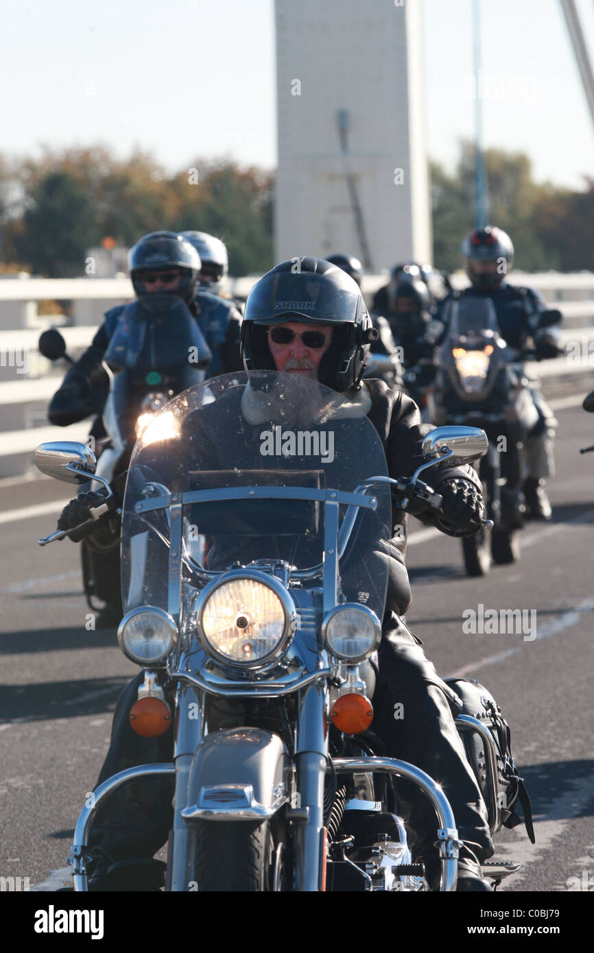 Annual Hoggin the Bridge bikers event, Chepstow, Wales. Sees bikers ...