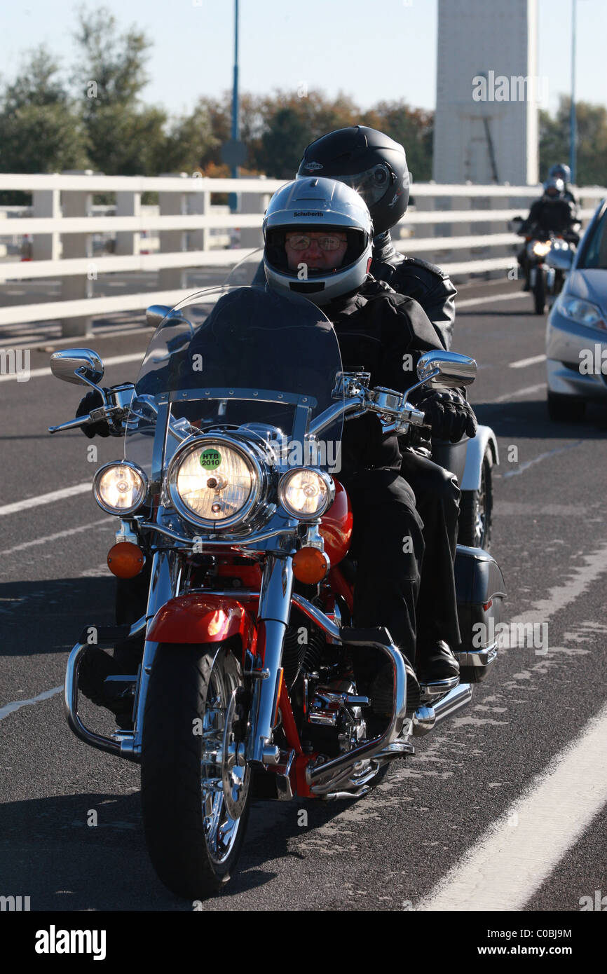 Annual Hoggin the Bridge bikers event, Chepstow, Wales. Sees bikers ...