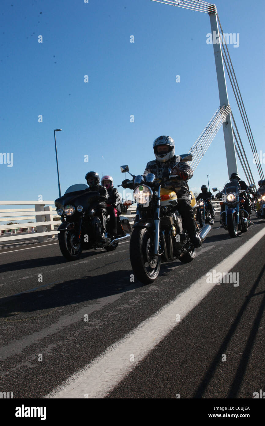 Annual Hoggin the Bridge bikers event, Chepstow, Wales. Sees bikers ...