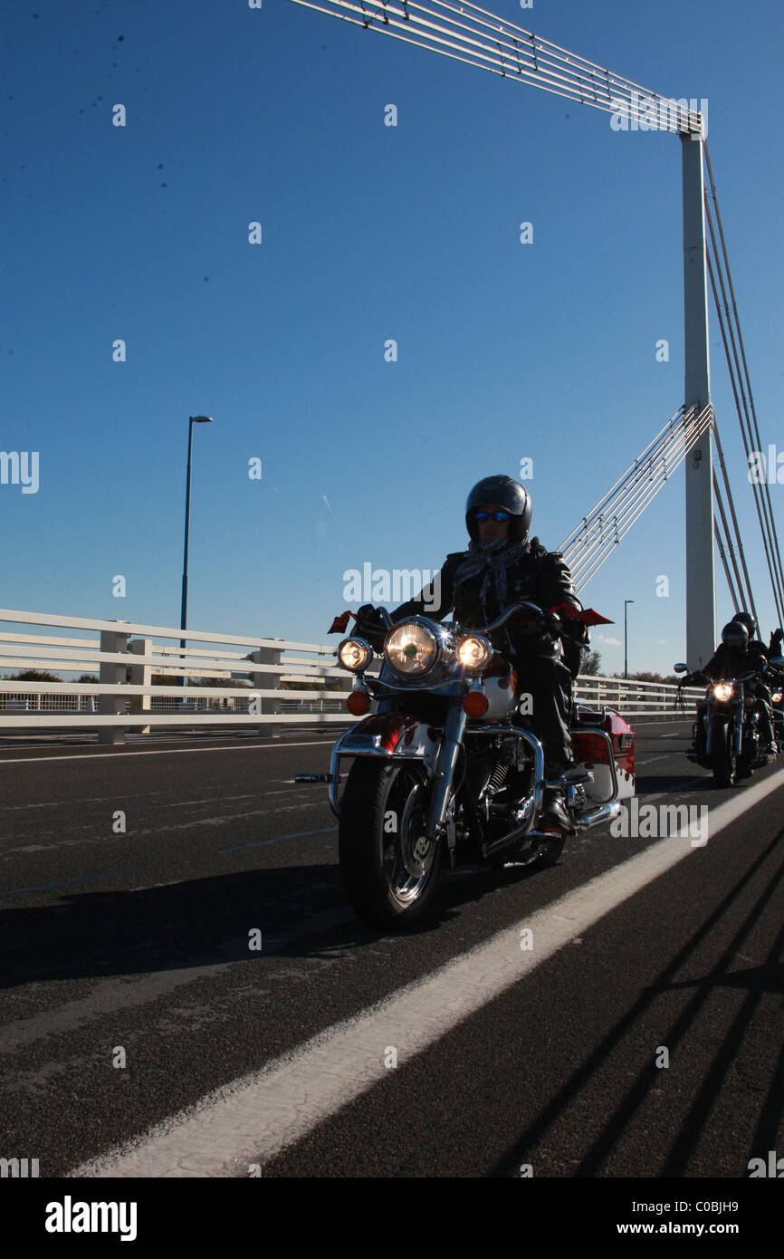 Annual Hoggin the Bridge bikers event, Chepstow, Wales. Sees bikers ...