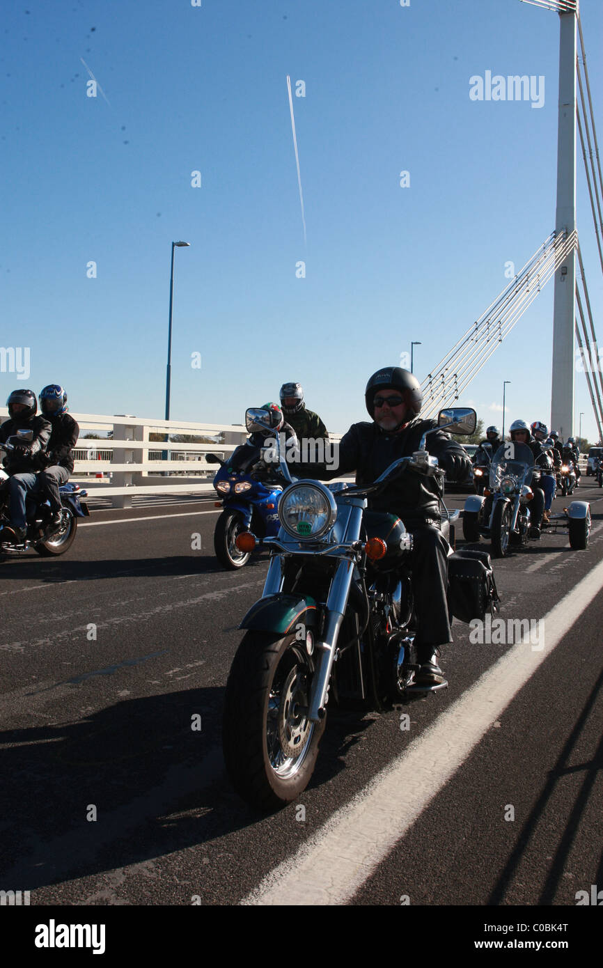 Annual Hoggin the Bridge bikers event, Chepstow, Wales. Sees bikers ...