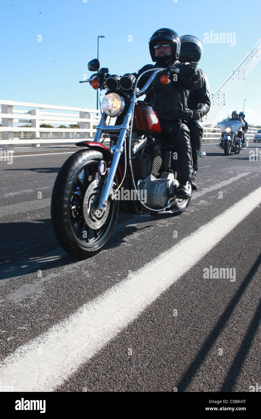 Annual Hoggin the Bridge bikers event, Chepstow, Wales. Sees bikers ...