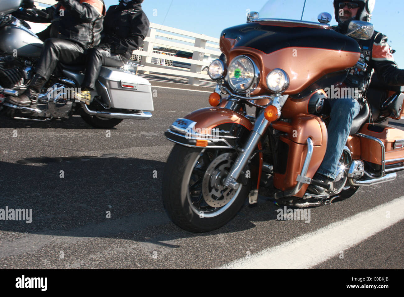 Annual Hoggin the Bridge bikers event, Chepstow, Wales. Sees bikers ...