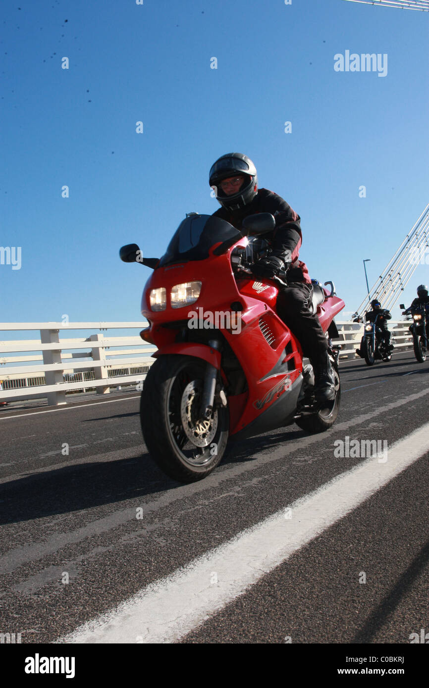 Annual Hoggin the Bridge bikers event, Chepstow, Wales. Sees bikers ...