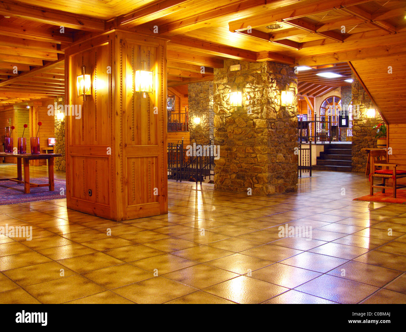 Indoor living room, wood and stone luxury house in Pyrenees Stock Photo ...