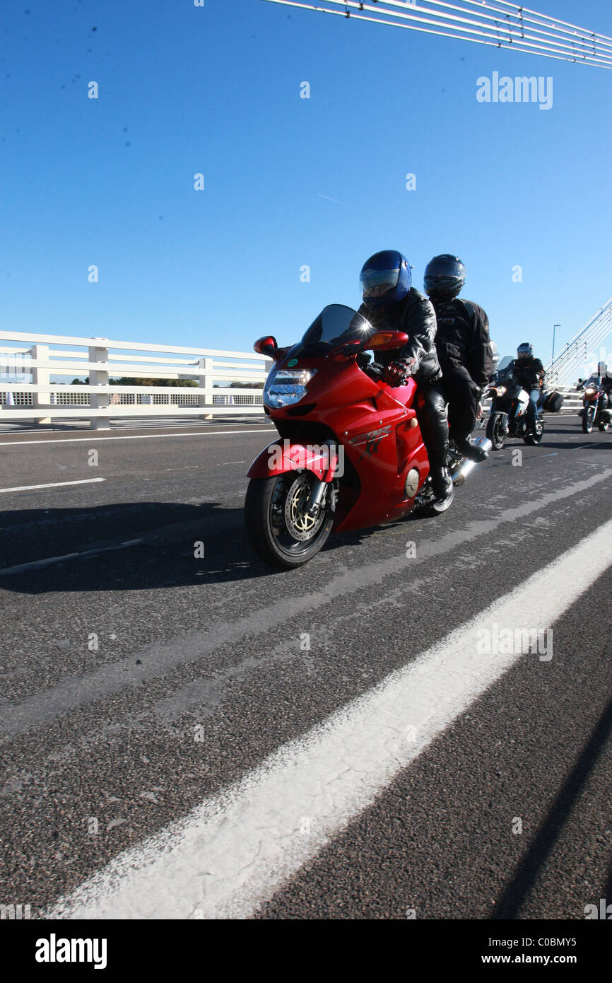 Annual Hoggin the Bridge bikers event, Chepstow, Wales. Sees bikers ...