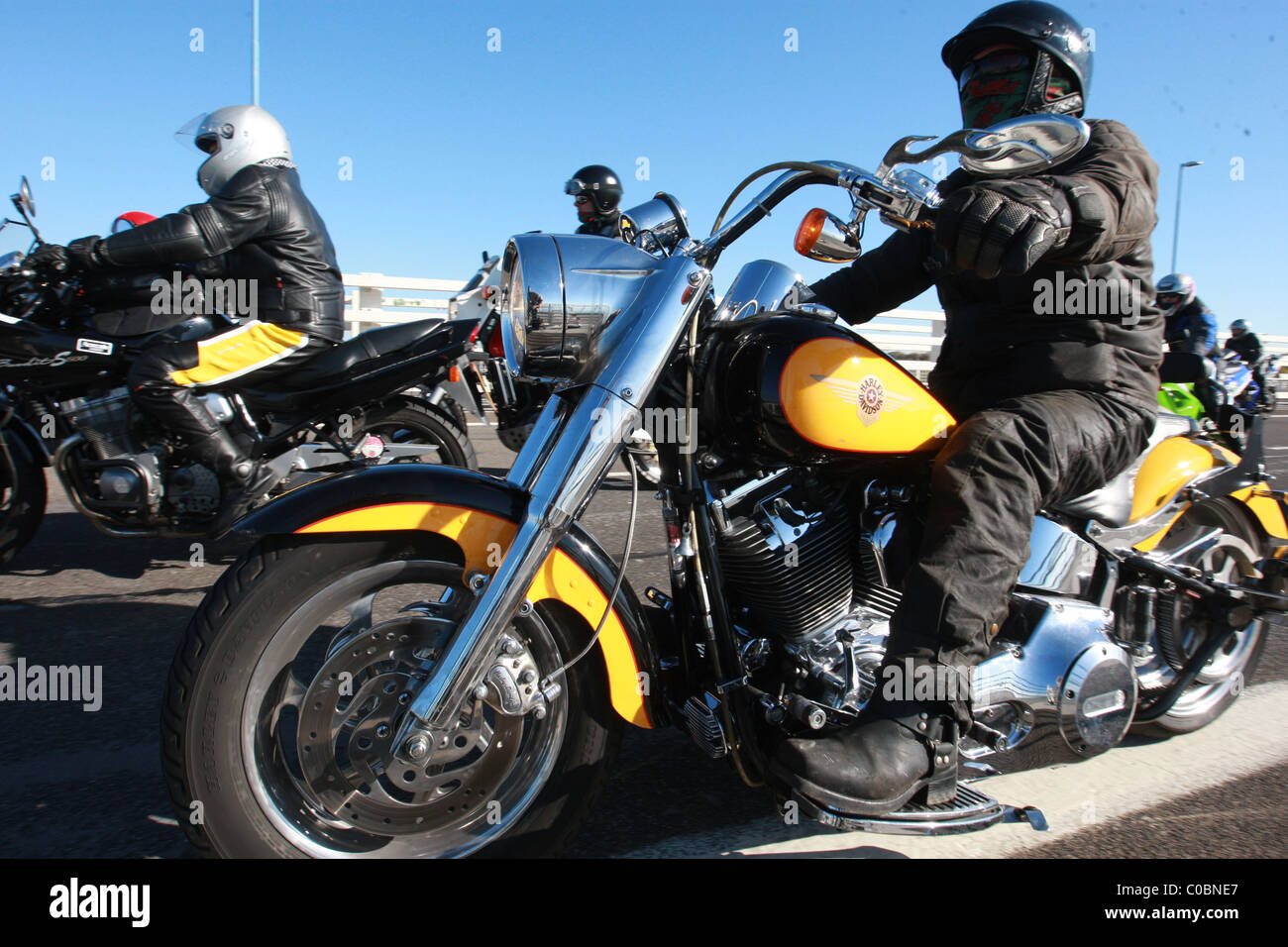 Annual Hoggin the Bridge bikers event, Chepstow, Wales. Sees bikers ...