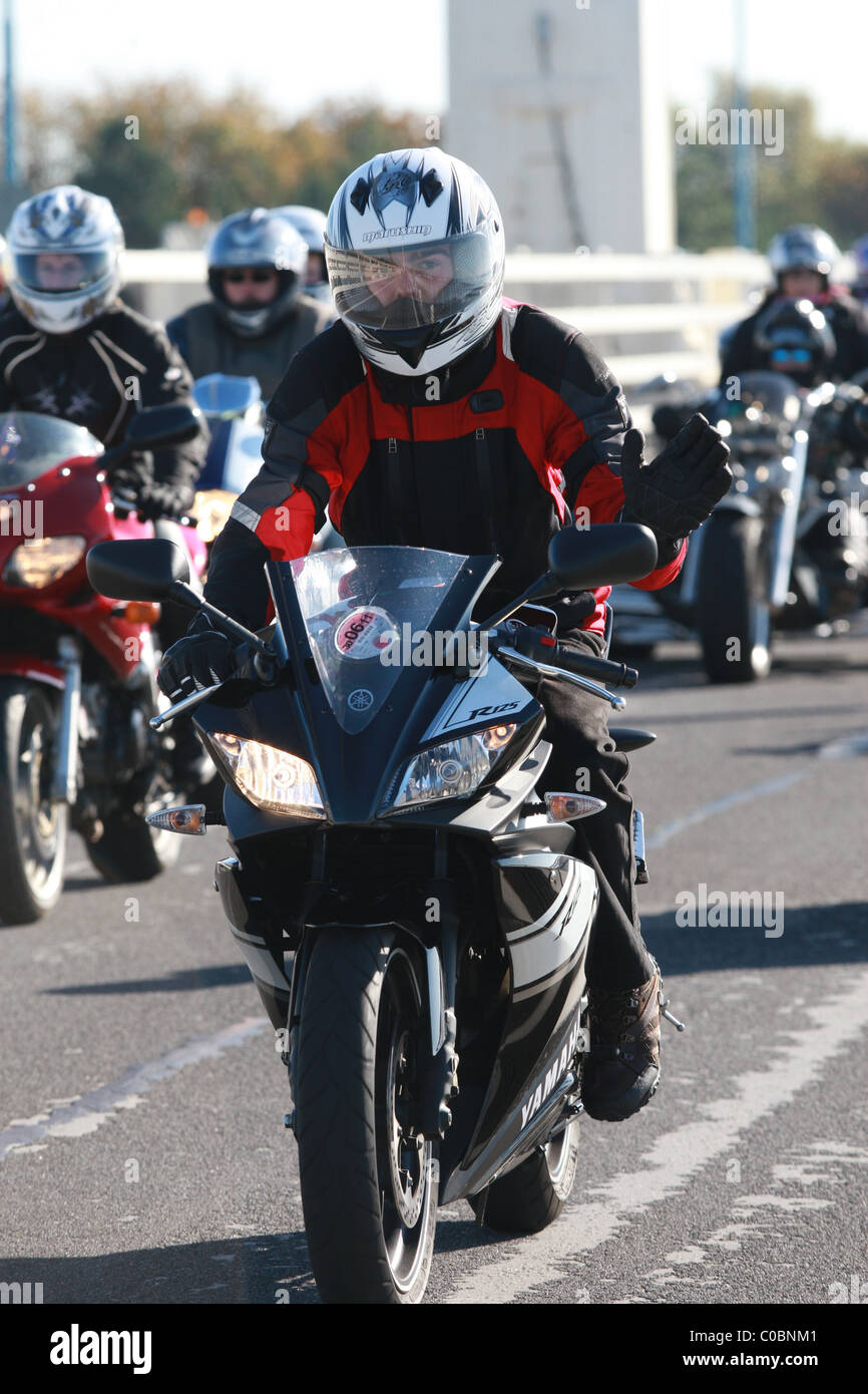 Annual Hoggin the Bridge bikers event, Chepstow, Wales. Sees bikers ...