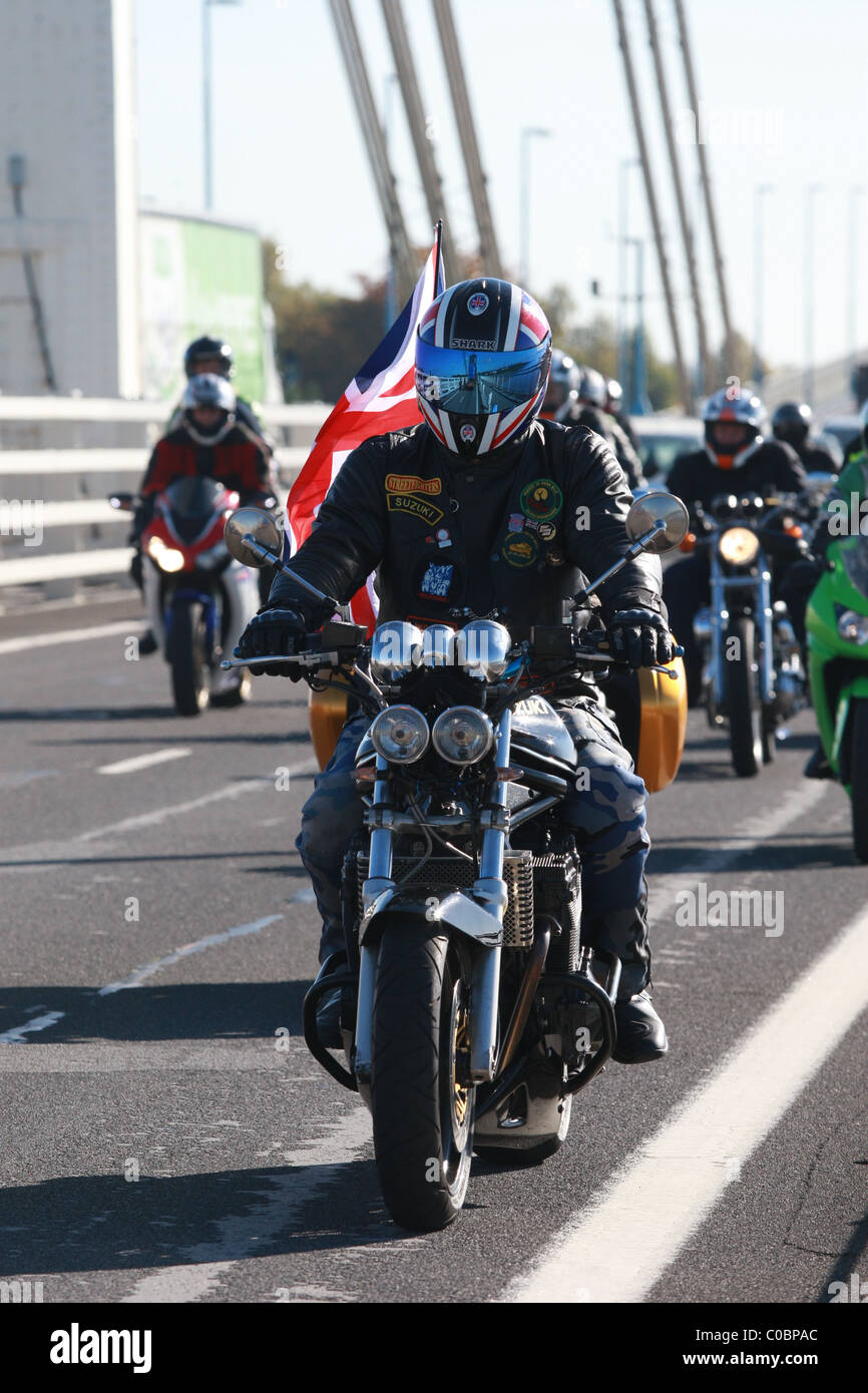 Annual Hoggin the Bridge bikers event, Chepstow, Wales. Sees bikers ...