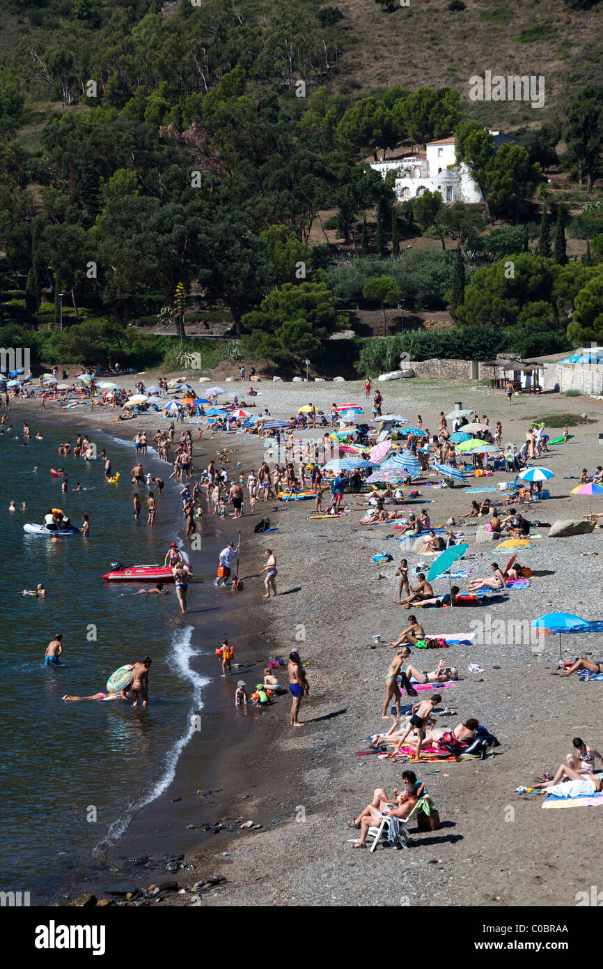 People on beach at Cala Montjoi Parc Natural de Cap de Creus Emporda ...