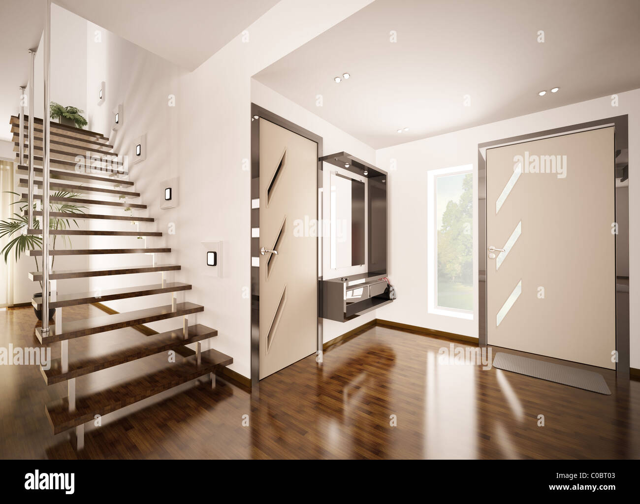 Modern interior of hall with staircase 3d render Stock Photo - Alamy