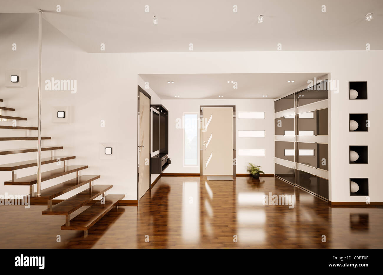 Modern interior of hall with staircase 3d render Stock Photo - Alamy