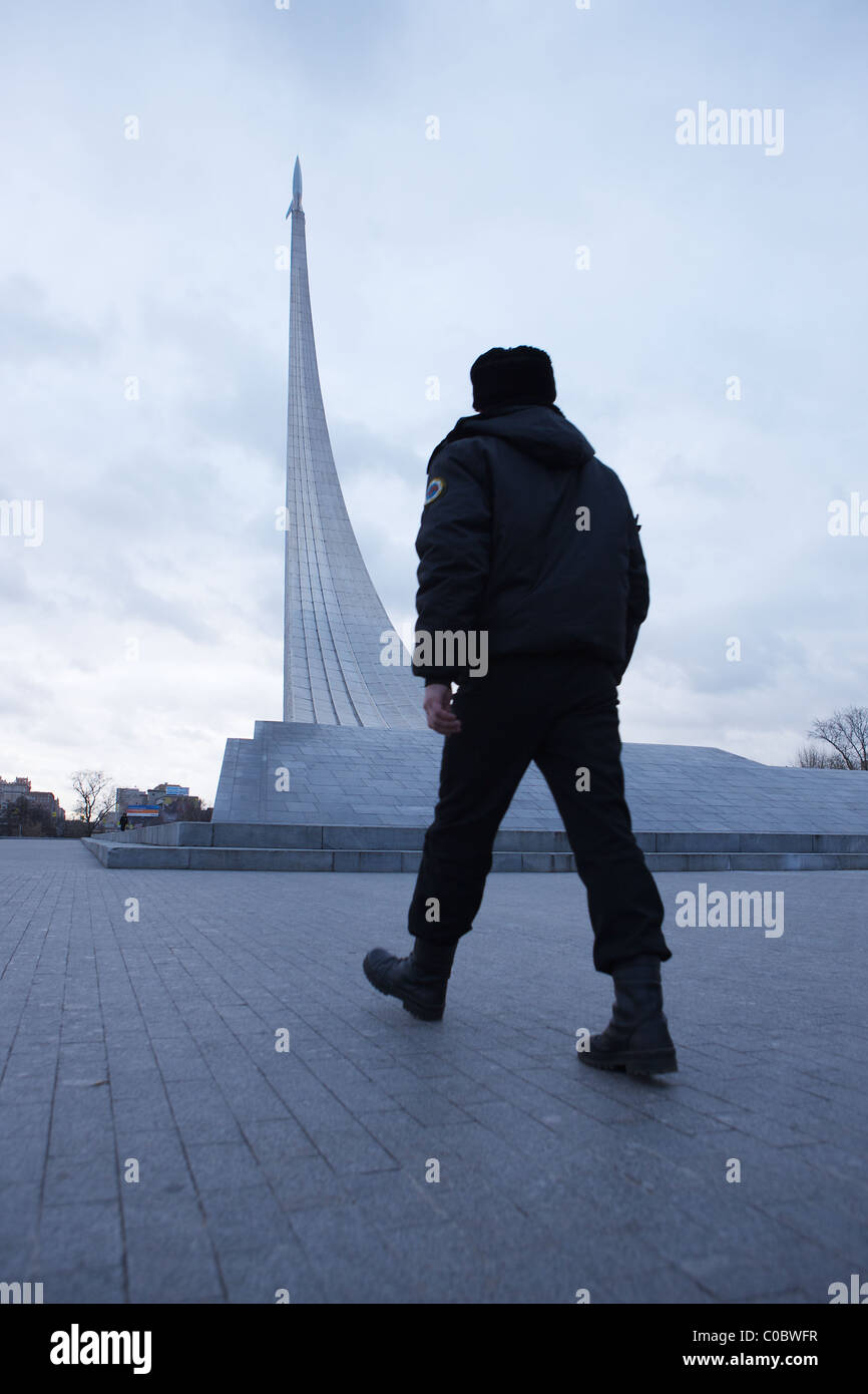 Russian security guard by the Space Obelisk monument, Moscow, Russia ...